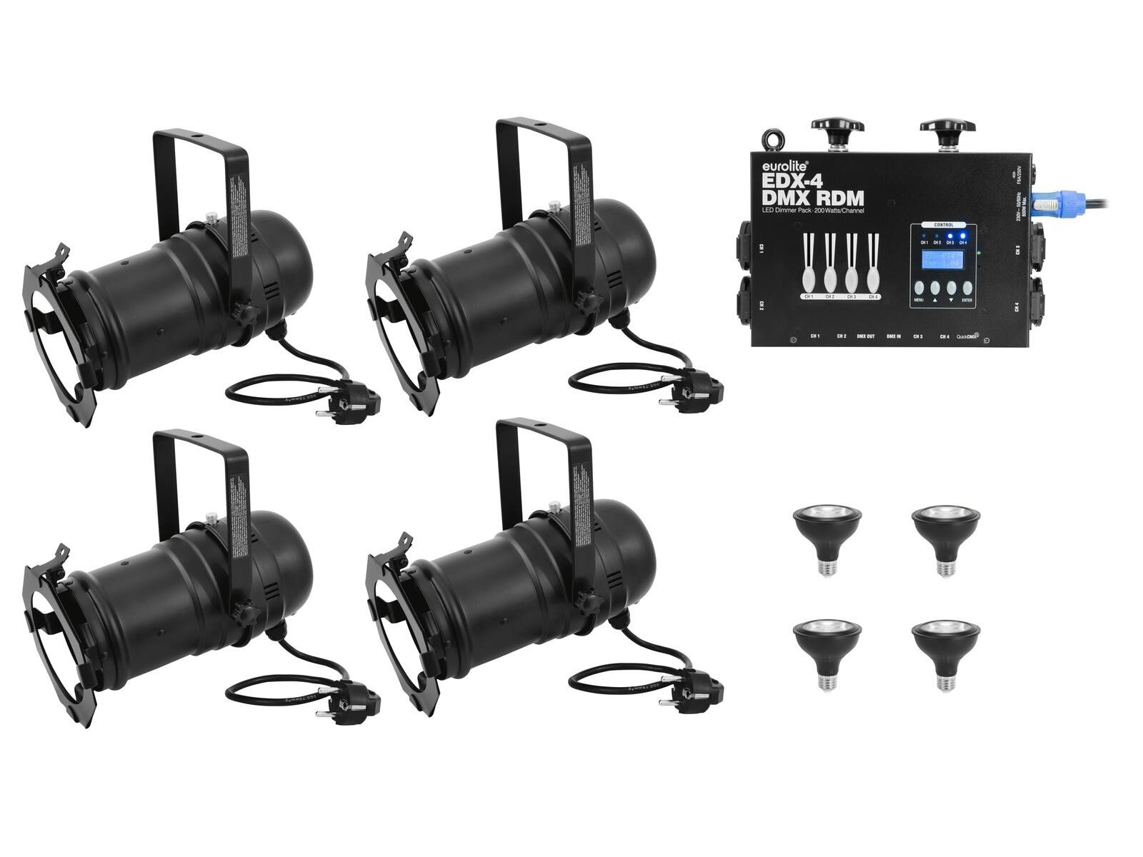 EUROLITE Set 4x PAR-30 Spot bk dim2warm + EDX-4 DMX RDM LED Dimmer ...